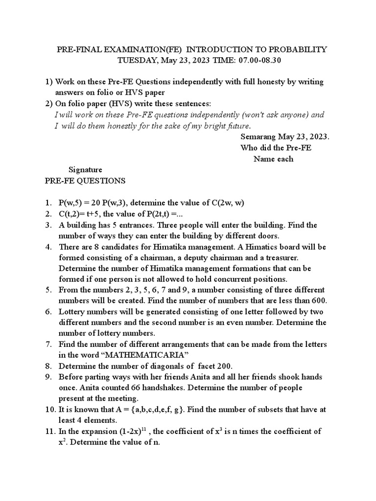 PRE Final Examination IC Math Edu May 23 2023 | PDF
