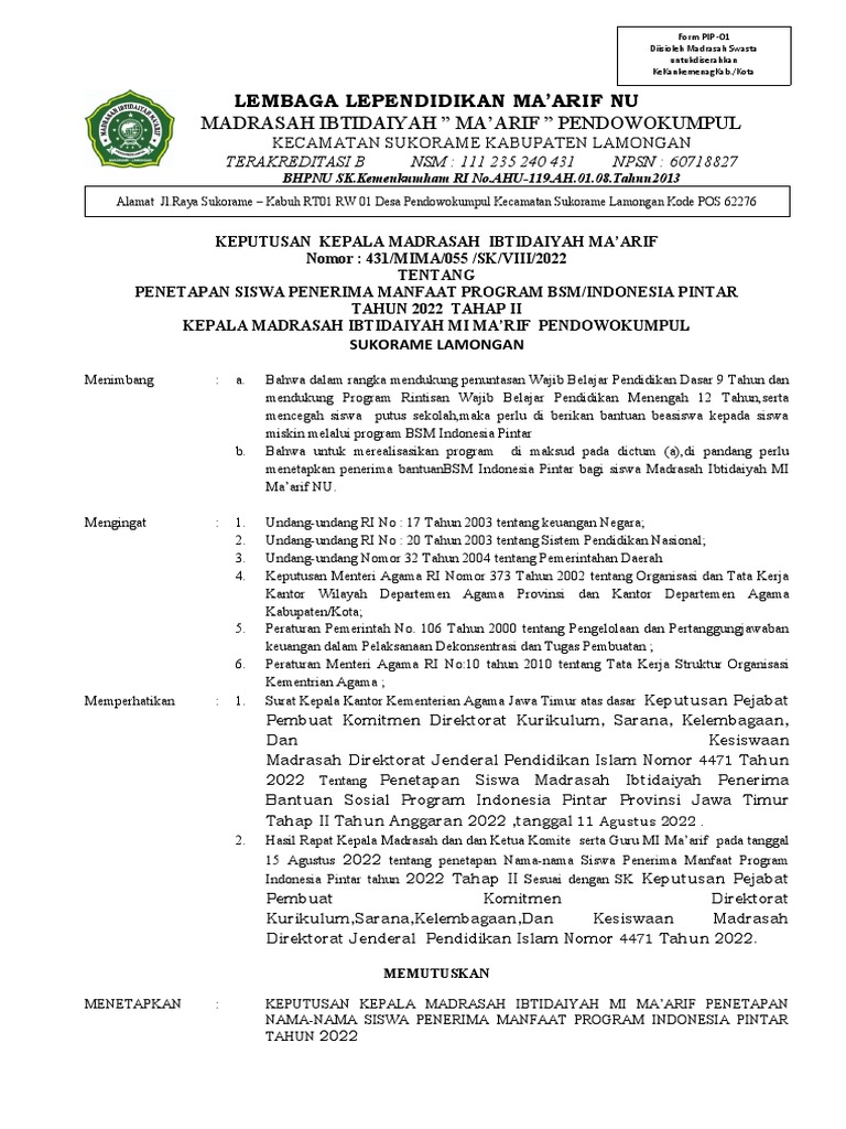 SK Penetapan Pip t2 21 | PDF