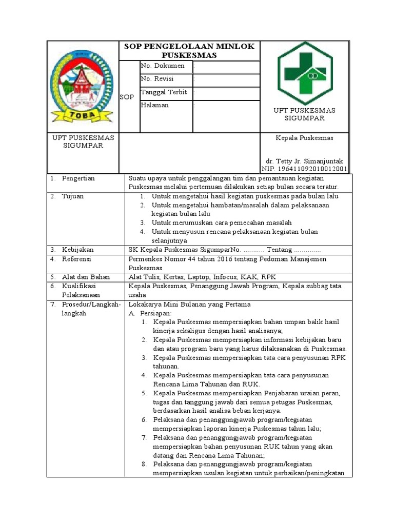Sop Minlok Puskesmas | PDF