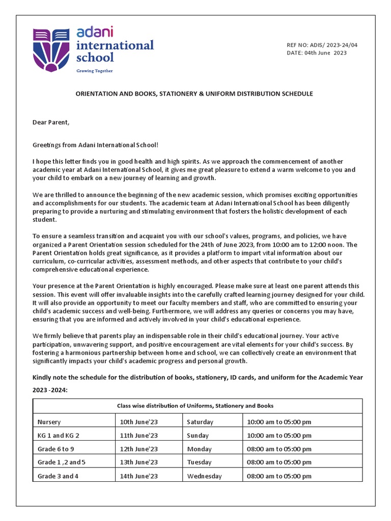 Adani School Parent Orientation Details | PDF
