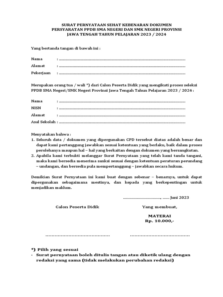 Surat Pernyataan Kebenaran Dokumen | PDF