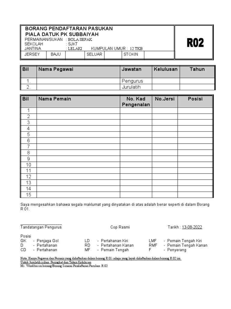 R02 Borang Pendaftaran Pasukan | PDF