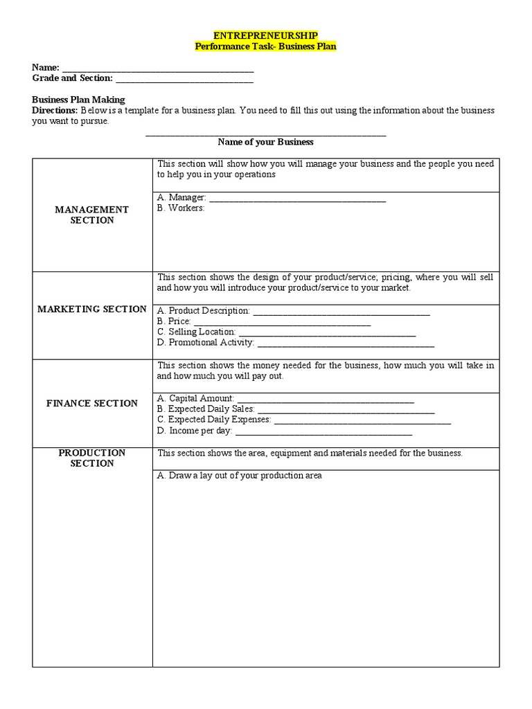 Grade 9 Business Plan Template | PDF