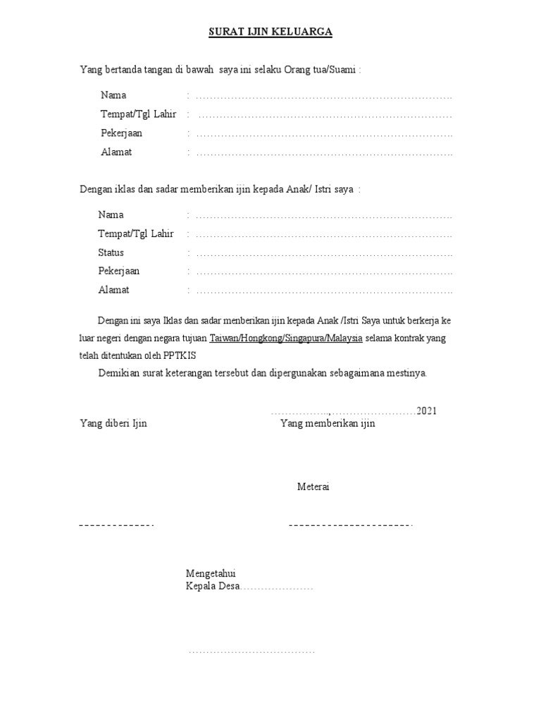formulir ijin Keluarga | PDF