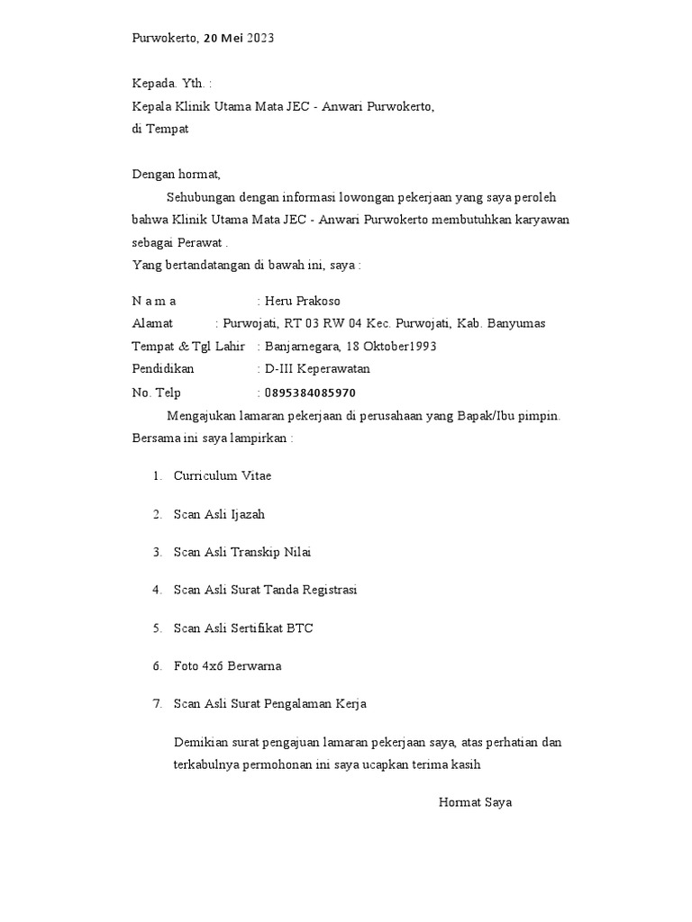 Surat Lamaran Perawat Klinik JEC | PDF | Karier & Perkembangan