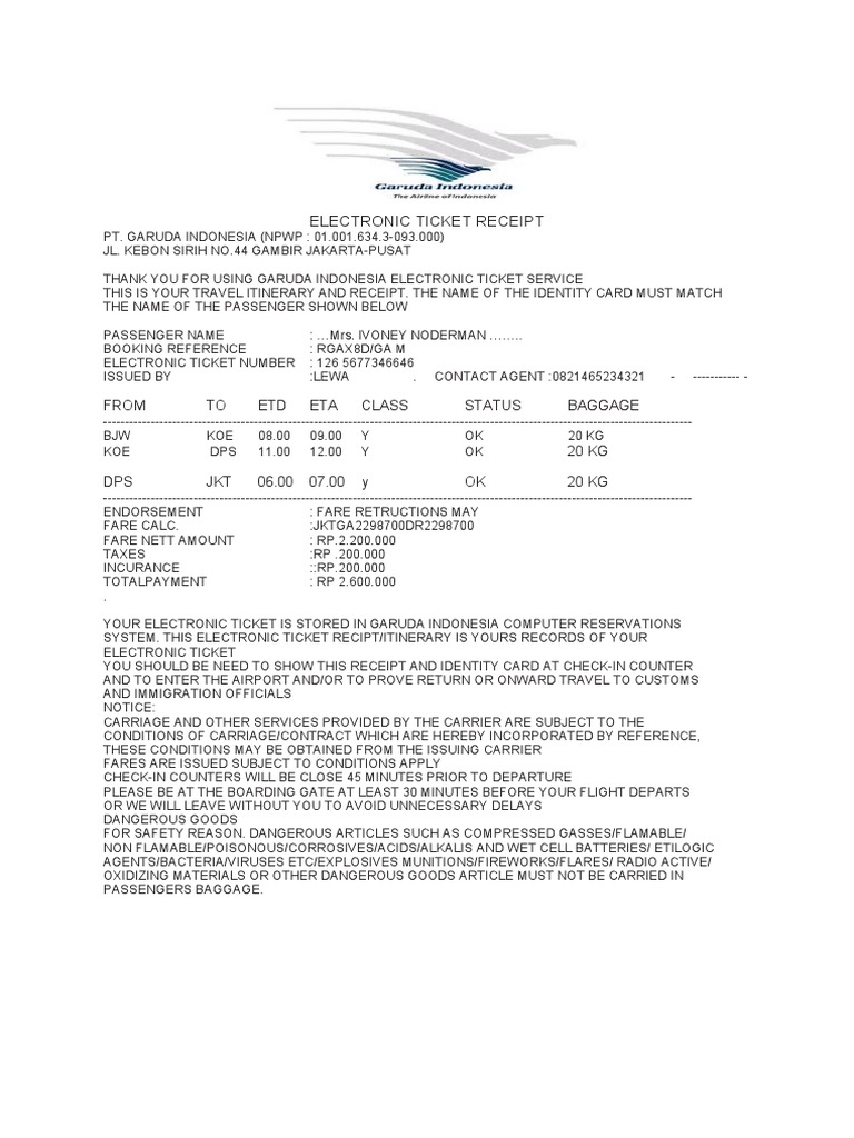 Garuda Ticket & Invoice Anita Meze | PDF