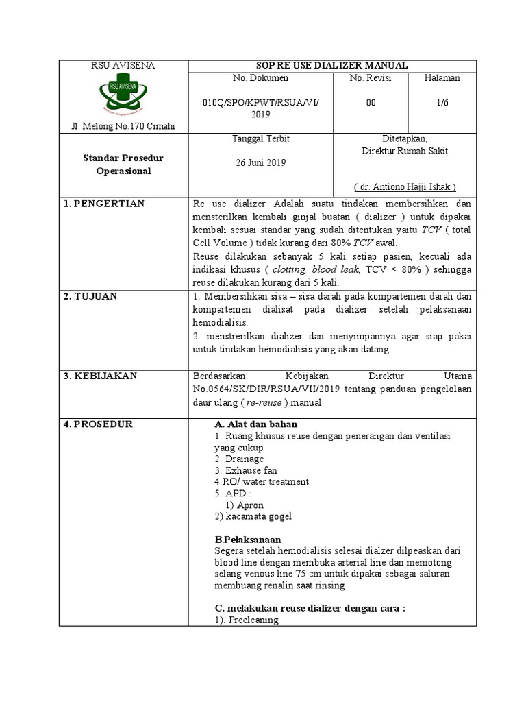 SOP Reuse Dializer Manual | PDF
