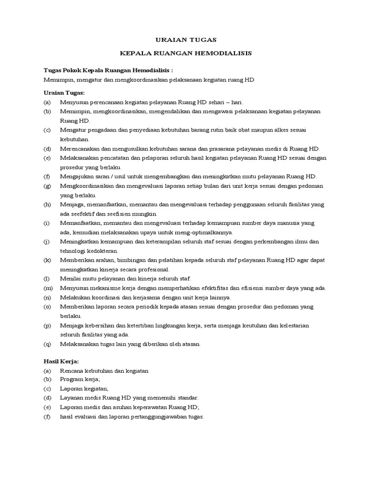 Uraian Tugas Perawat HD | PDF