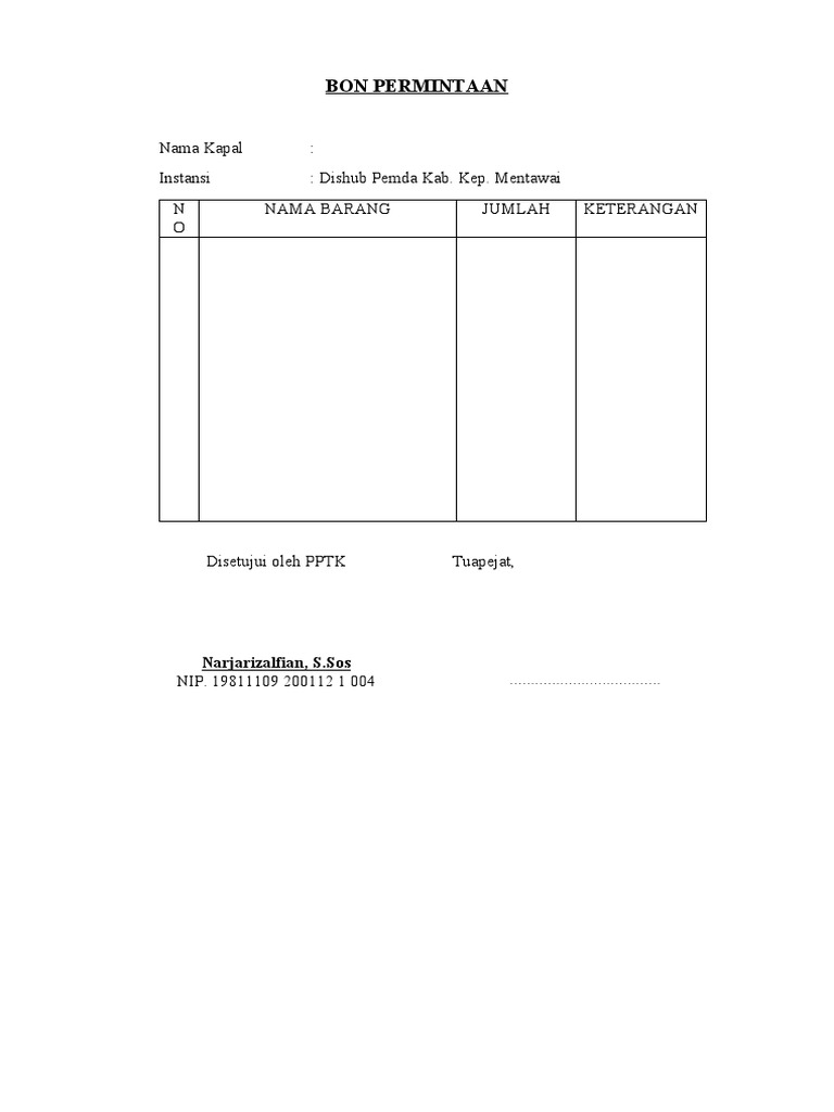 Bon Permintaan Barang Dishub Mentawai | PDF | Sejarah