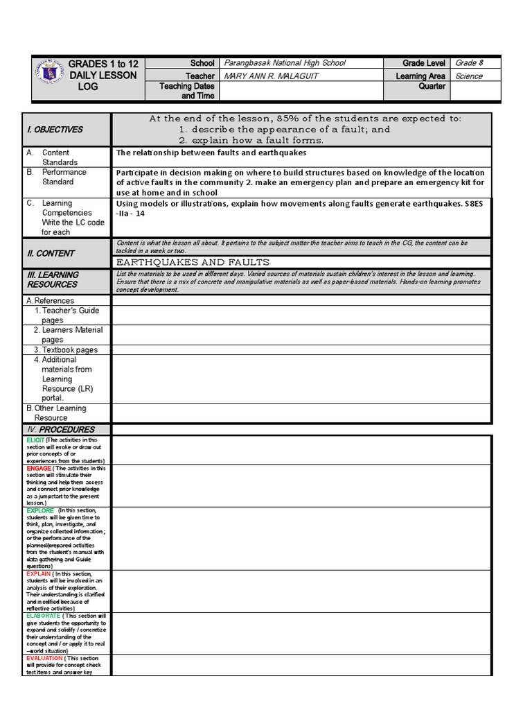 7 E's DLL BLANK A Fault-Y Setup | PDF | Learning | Teachers