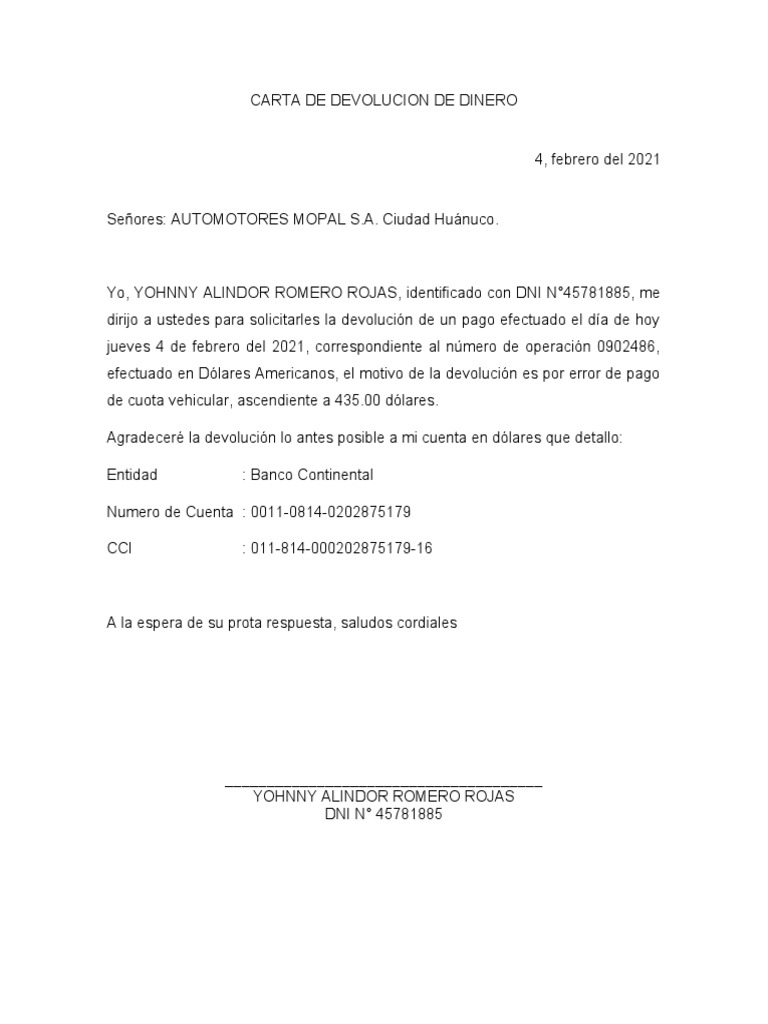 Carta de Devolucion de Dinero | PDF