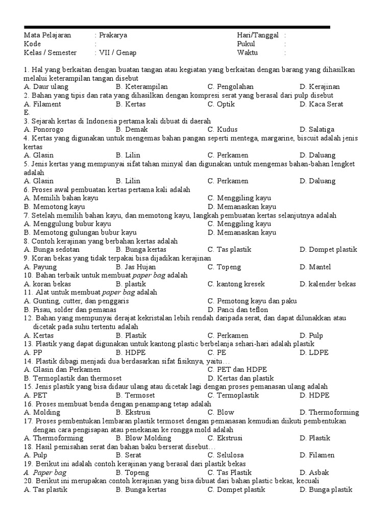 Kunci Jawaban Prakarya Kelas VII | PDF