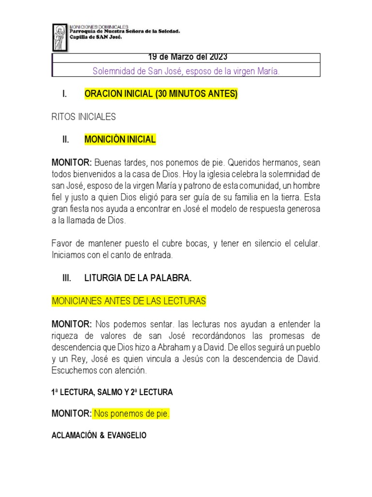 Moniciones Fiesta San Jose | PDF | eucaristía | Misa (liturgia)