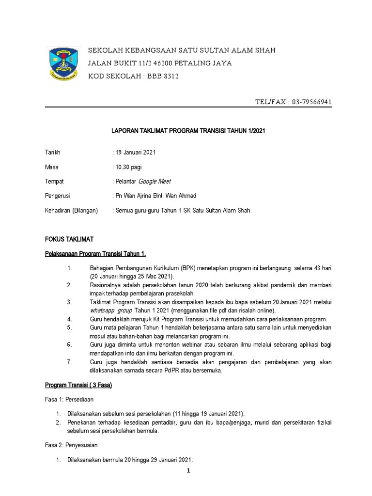 Laporan Taklimat Transisi Tahun 1 | PDF