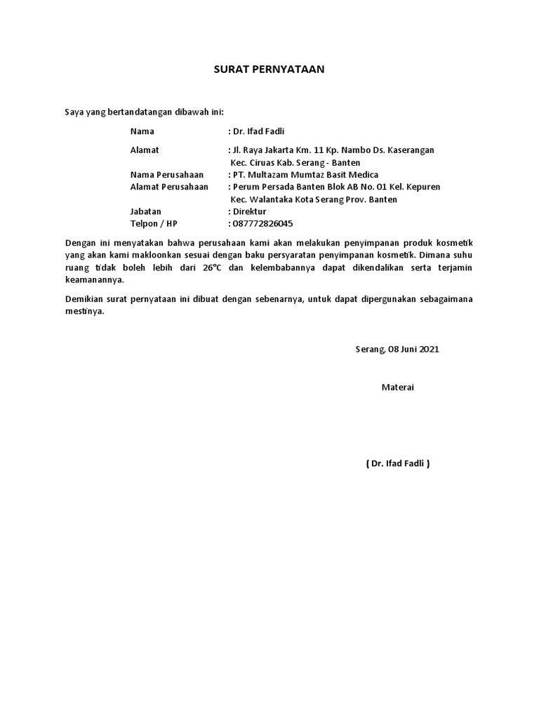 contoh SURAT PERNYATAAN KLAIM PENYIMPANAN | PDF