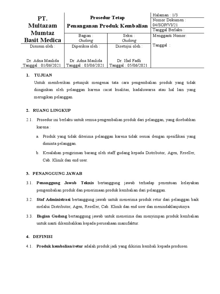 Contoh SOP Penanganan Produk Kembalian | PDF | Hukum