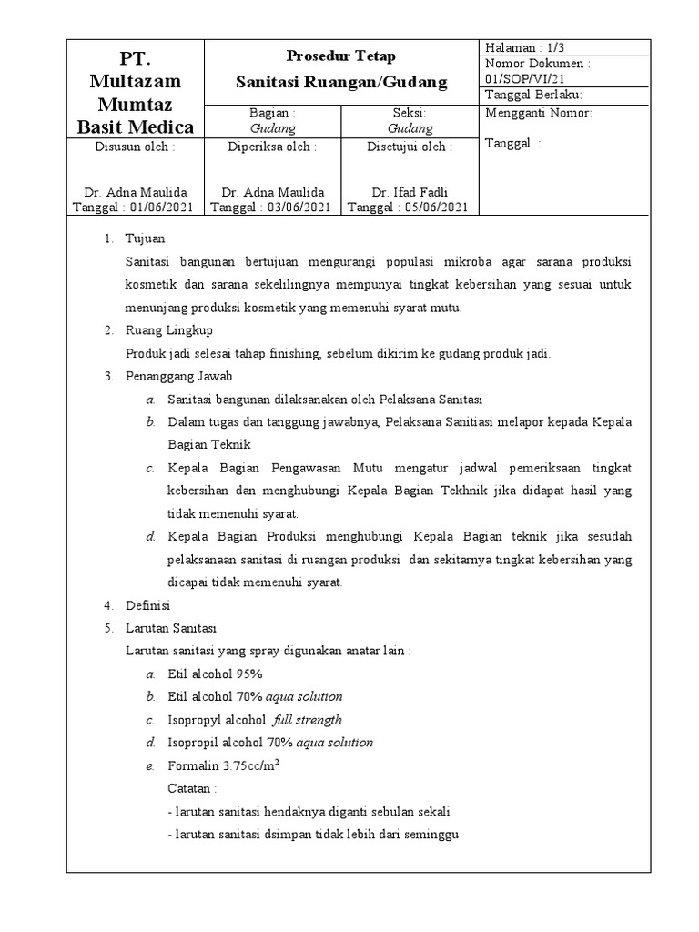 Contoh SOP Sanitasi Ruangan Atau Gudang | PDF | Griya & Taman ...