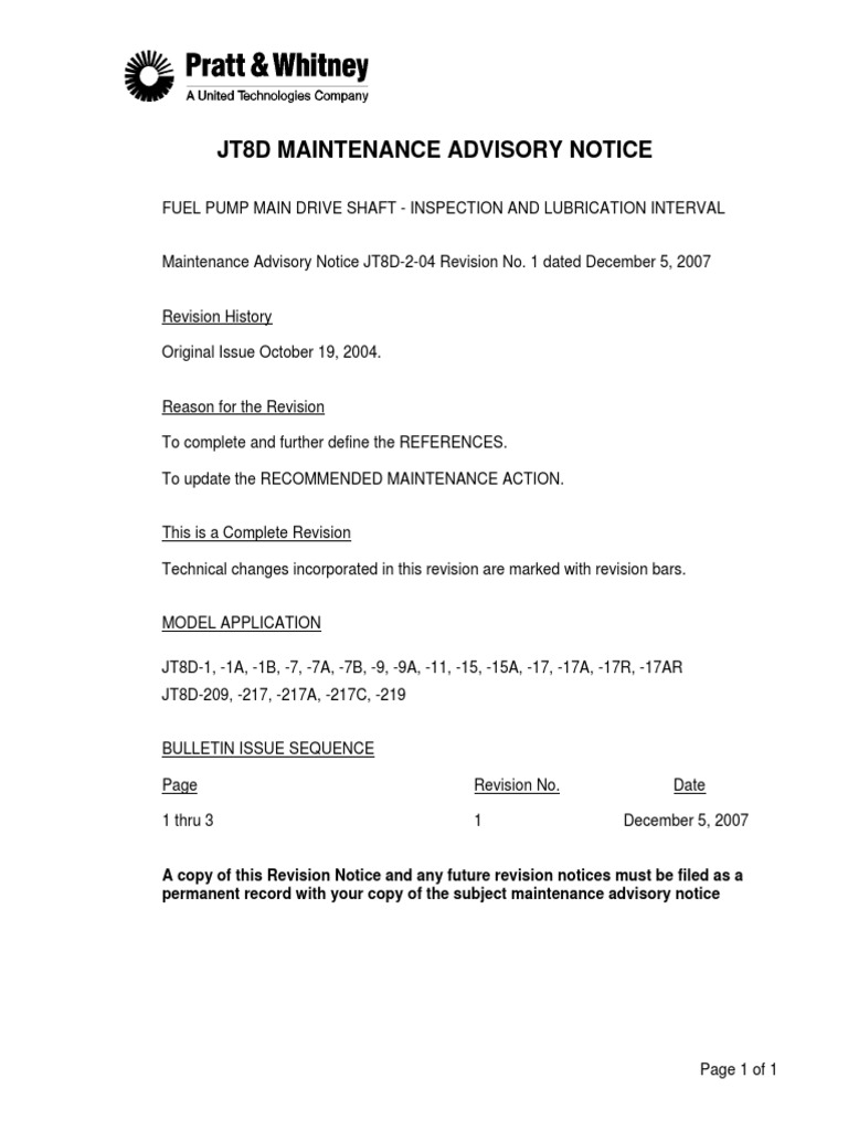 Jt8D Maintenance Advisory Notice | PDF | Manual Transmission | Pump