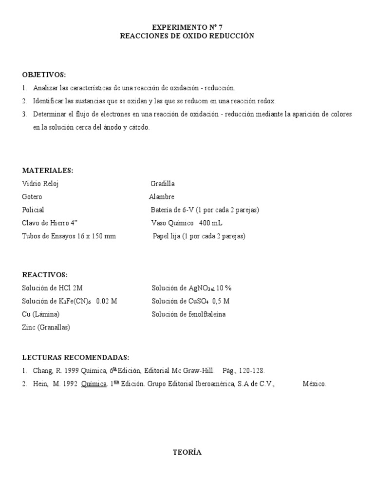 Experimento #7 - Reacciones Redox | PDF | Redox | Electrodo