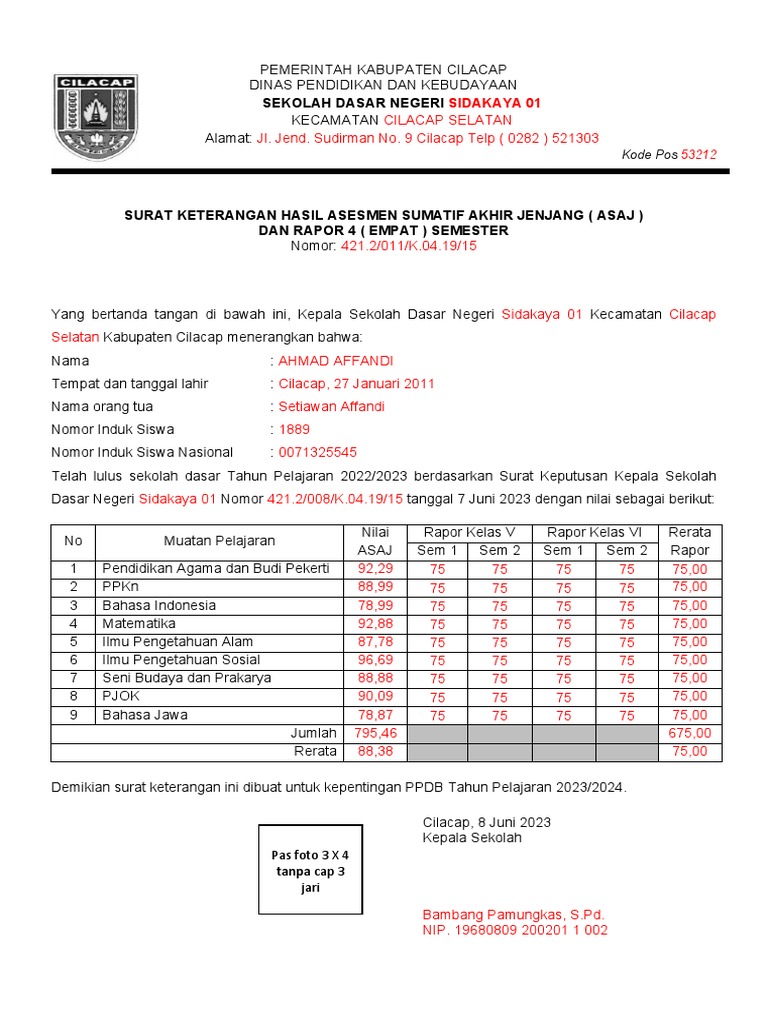 Surat Keterangan Hasil Asaj Dan Rapor 2023 | PDF