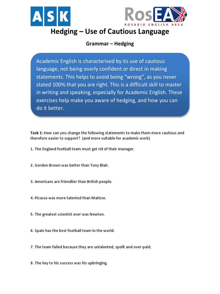 Hedging Use of Cautious Language TASKS | PDF | Adverb | Verb Hedging Use of Cautious Language TASKS | PDF | Adverb | Verb