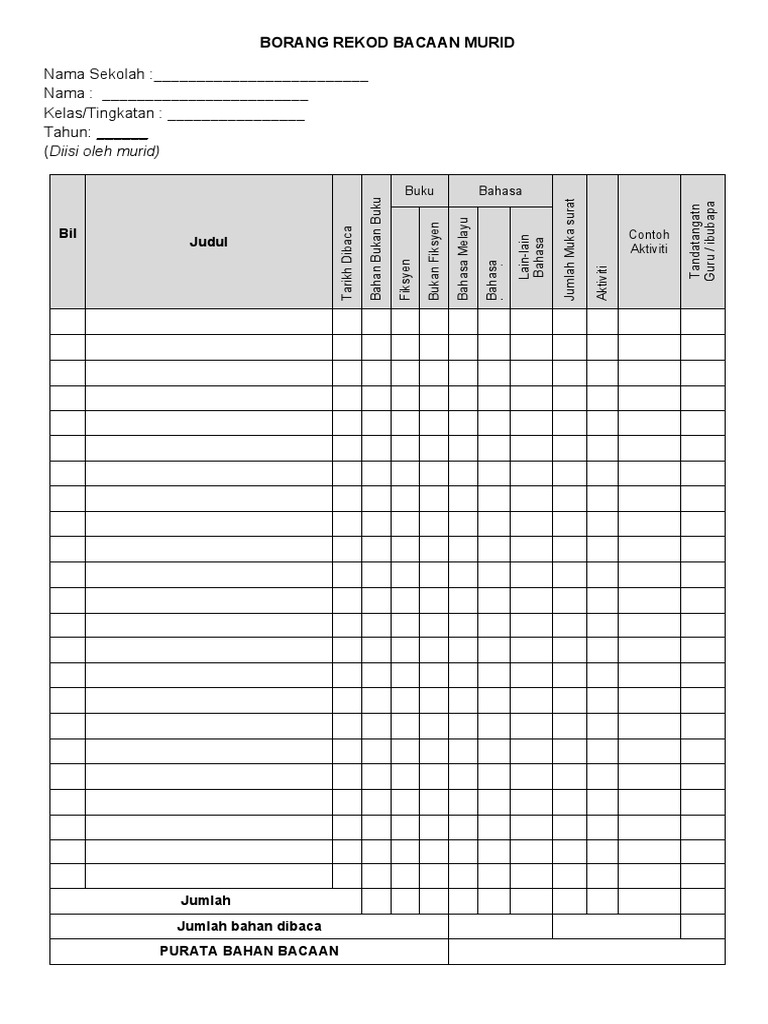 Borang Rekod Bacaan Murid-1 | PDF