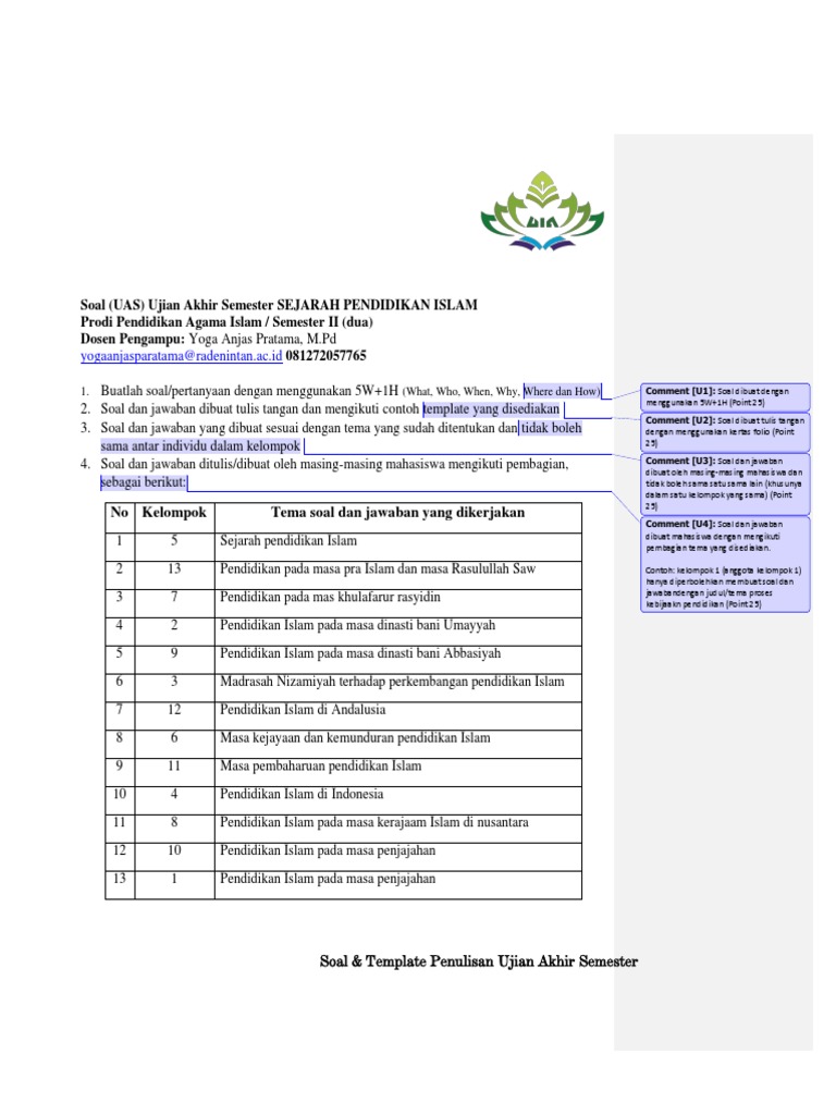Soal Template UAS Sejarah Pendidikan Islam BKPI | PDF