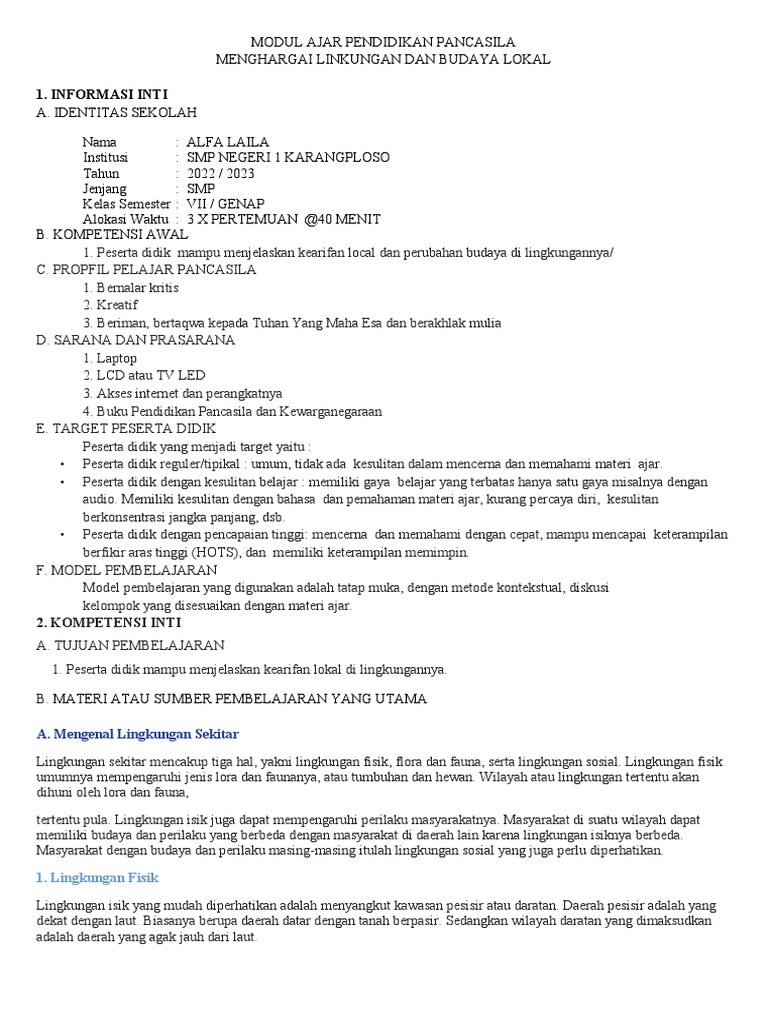 PPKN Kelas 7 BAB 5.1 MENGENAL LINGKUNGAN | PDF