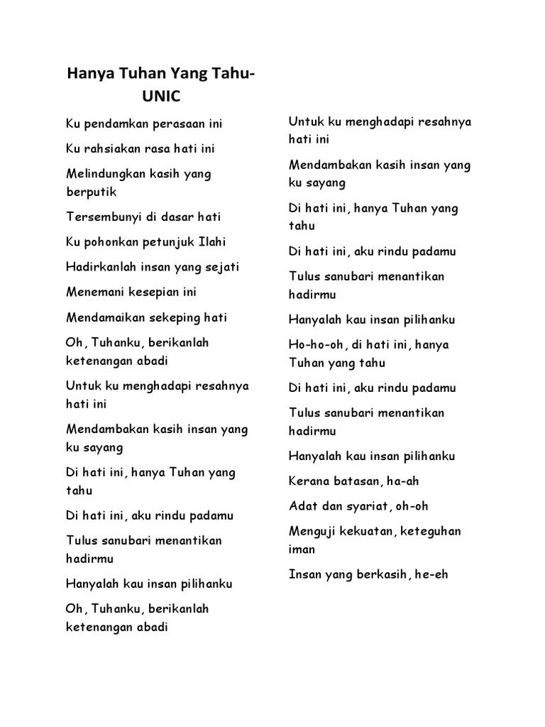 Lirik Lagu "Hanya Tuhan yang Tahu" | PDF | Pengembangan Diri | Agama ...