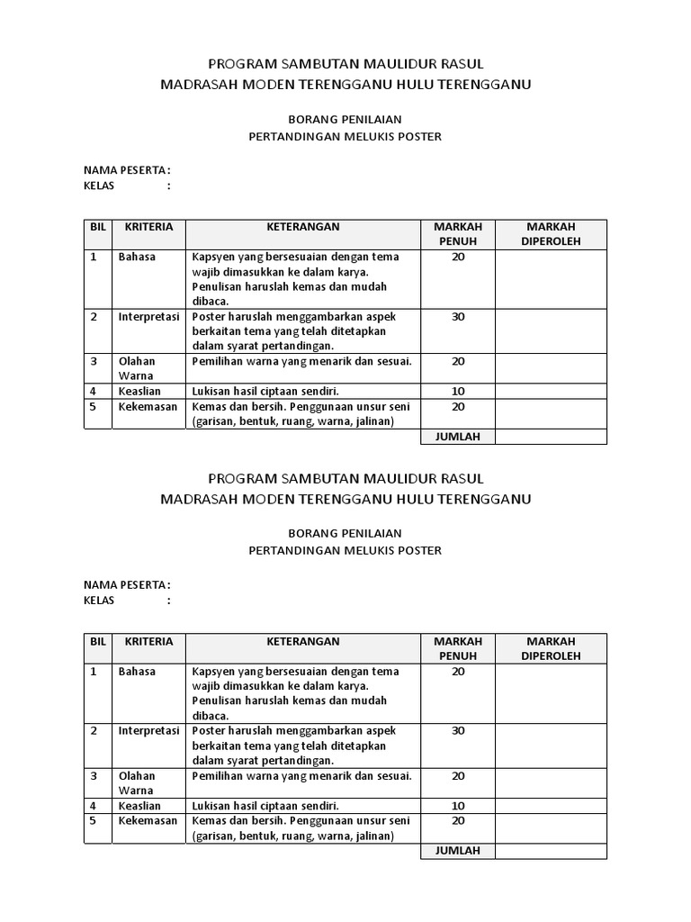 Borang Markah Poster Maulid | PDF