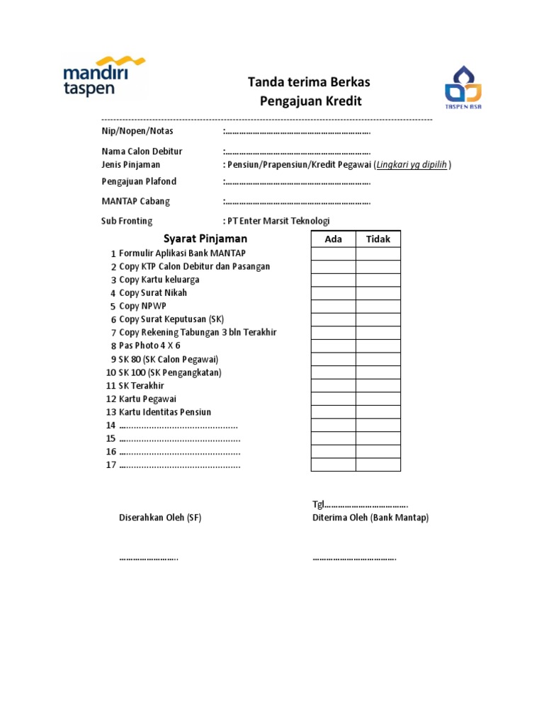 Form Tanda Terima Berkas Bank Mantap | PDF