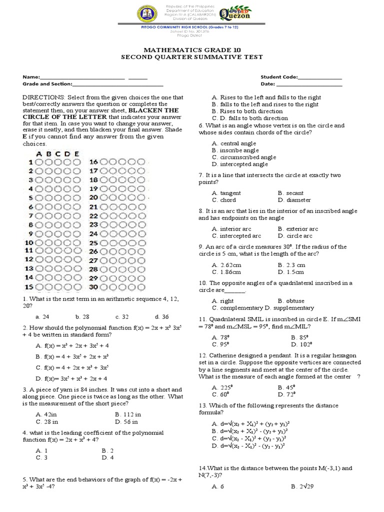 Grade 10 Math 2nd Quarter Exam | PDF | Circle | Angle