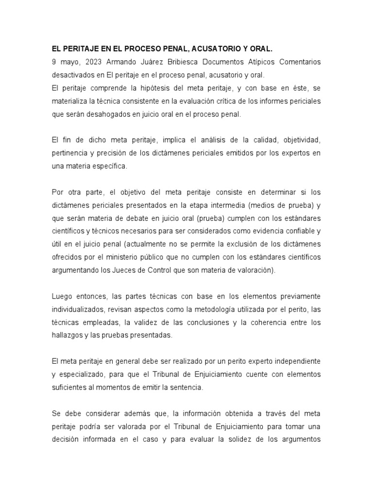 El Peritaje en El Proceso Penal | PDF | Testigo experto | Experto