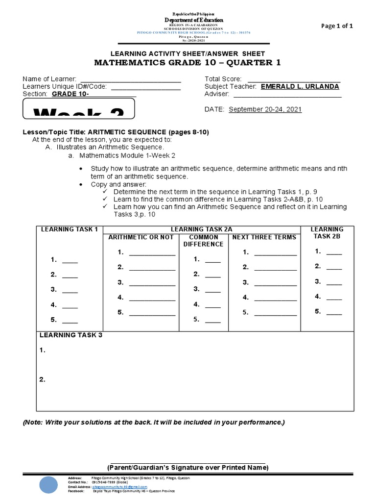 Grade 10 Math: Arithmetic Sequence Activities | PDF | Mathematics ...