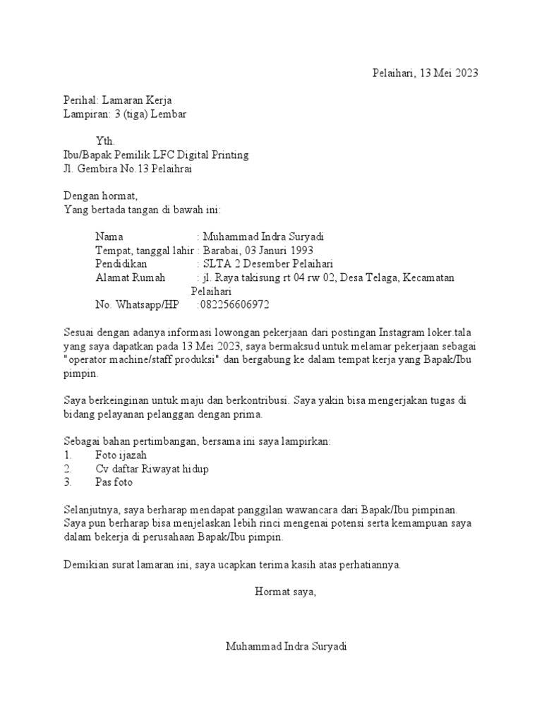 Surat Lamaran Kerja Ke LFC Digital Printing | PDF
