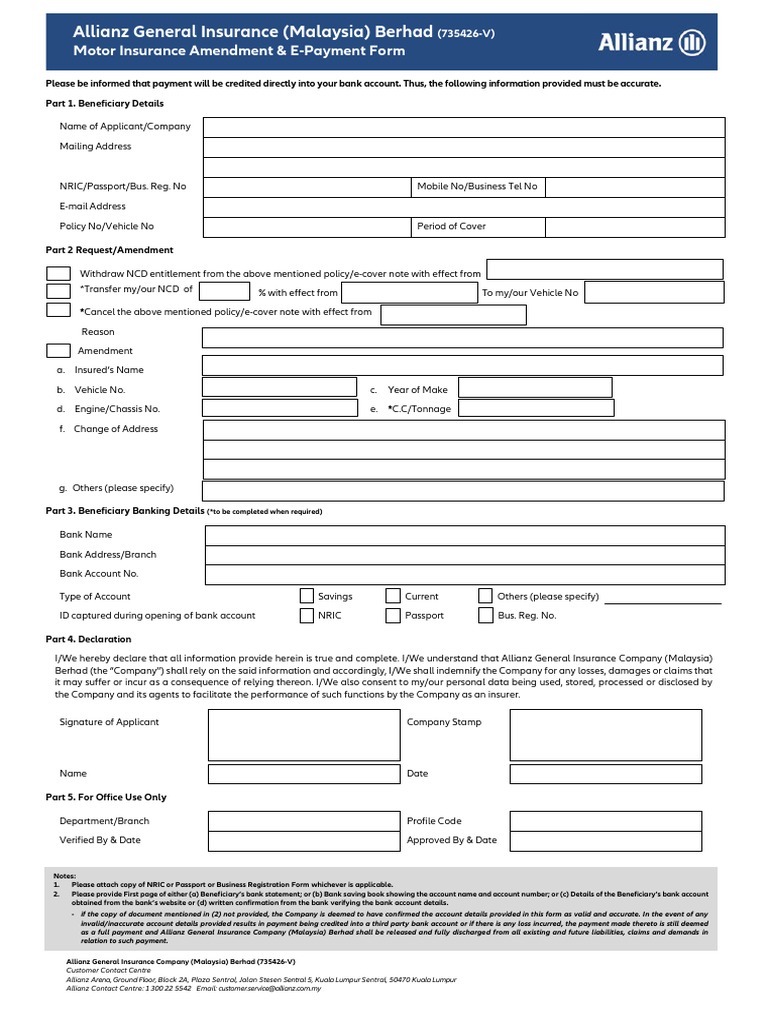 Motor Insurance Amendment E-Payment Form | PDF | Insurance | Banks