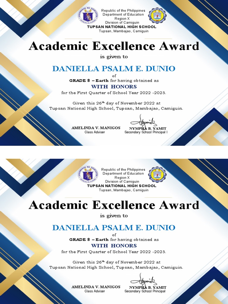 Academic Excellence Award for Daniella Dunio | PDF
