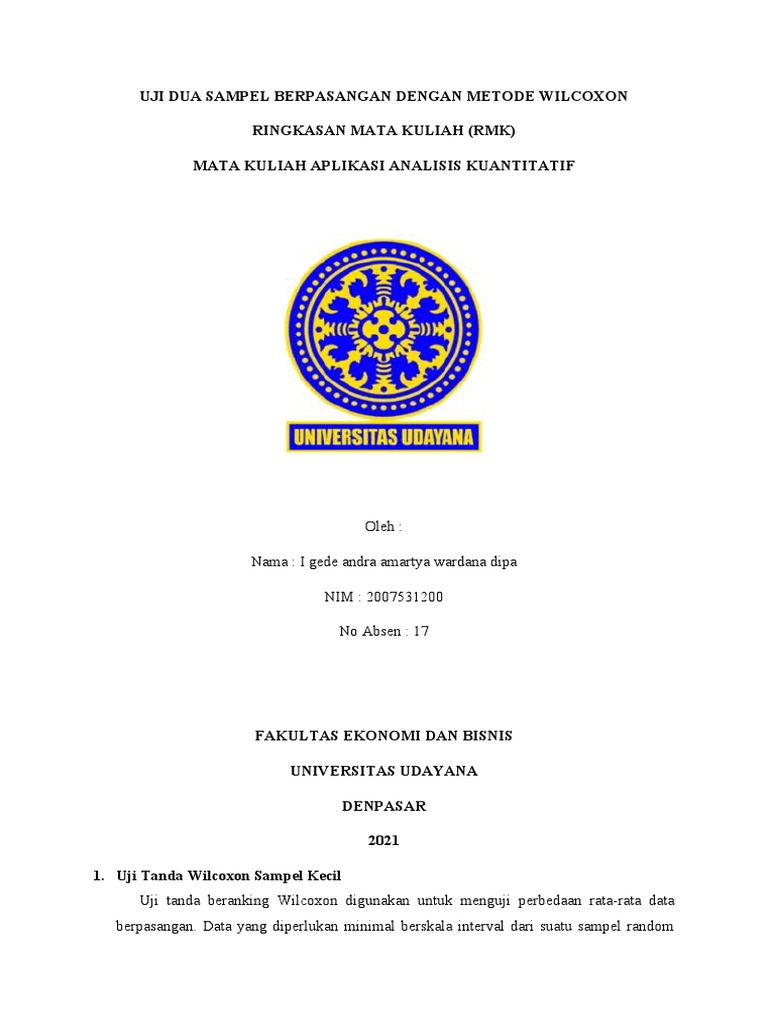 Uji Wilcoxon untuk Data Berpasangan | PDF