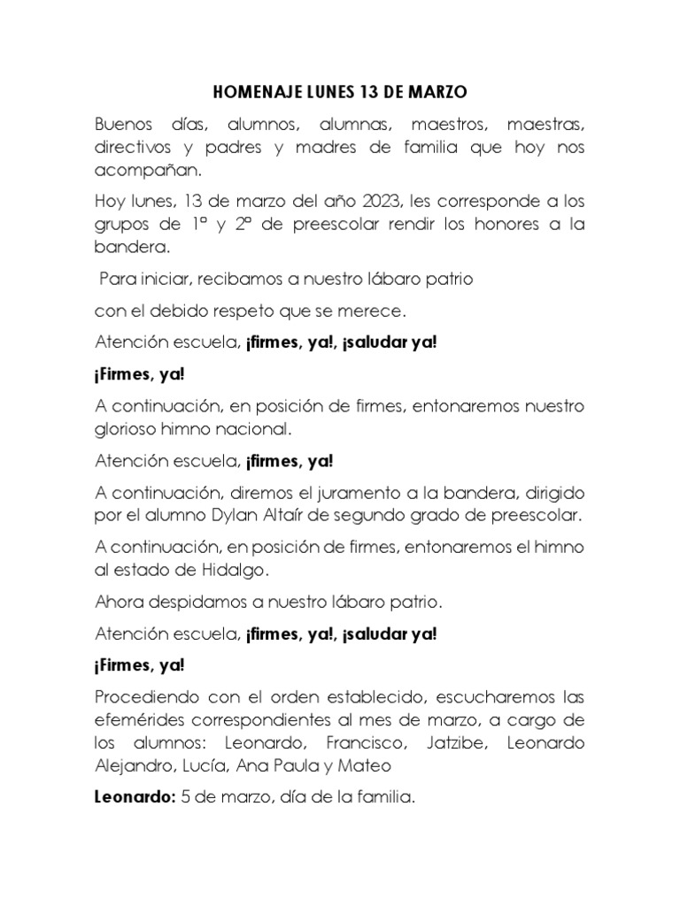 Homenaje Lunes 13 de Marzo | PDF