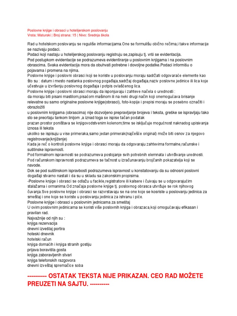 Poslovne Knjige I Obrasci U Hotelijerskom Poslovanju - Maturski | PDF