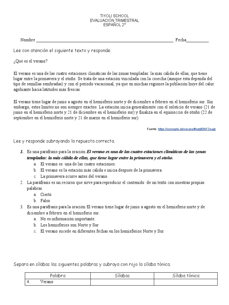 Evaluación de Español 2° Grado | PDF | Artes del Lenguaje y Comunicación
