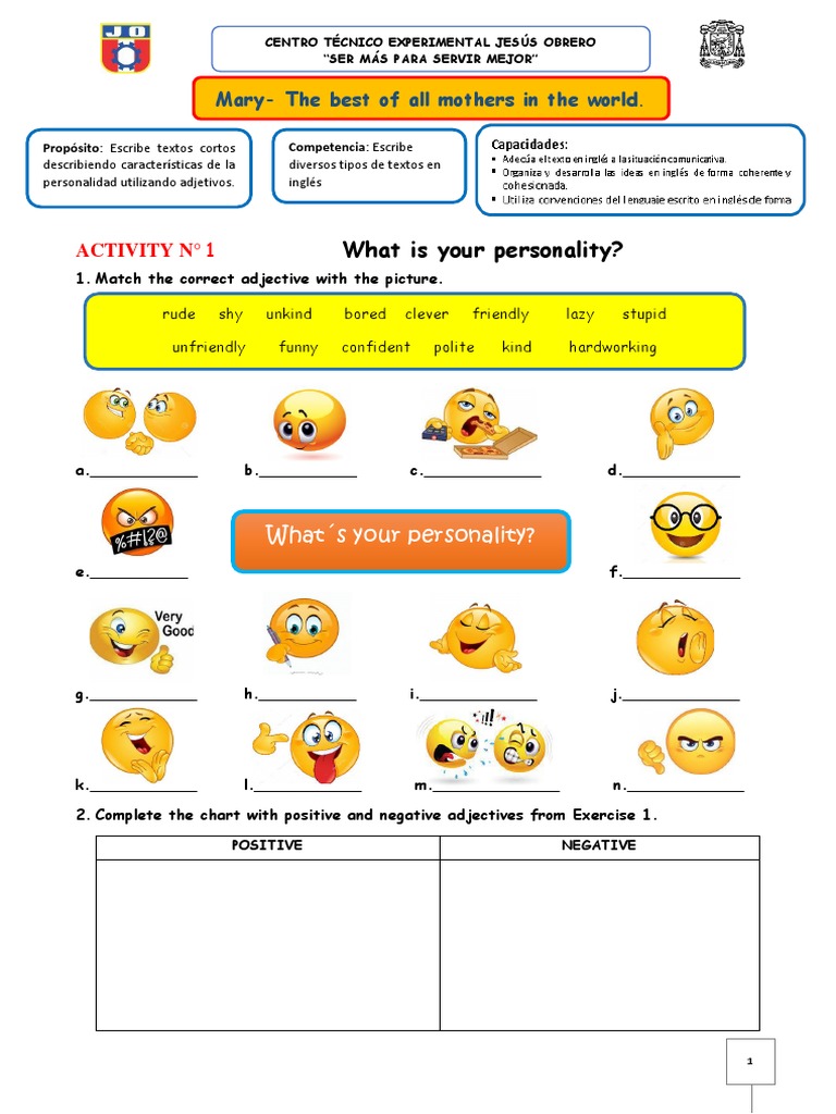 Adjectives of Personality 4° Activity 1 | PDF