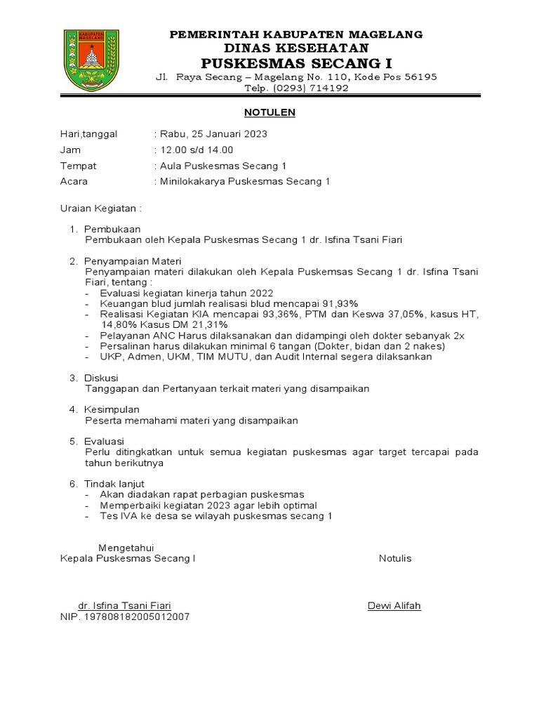 Notulen Mini Loka Karya Puskesmas Secang | PDF
