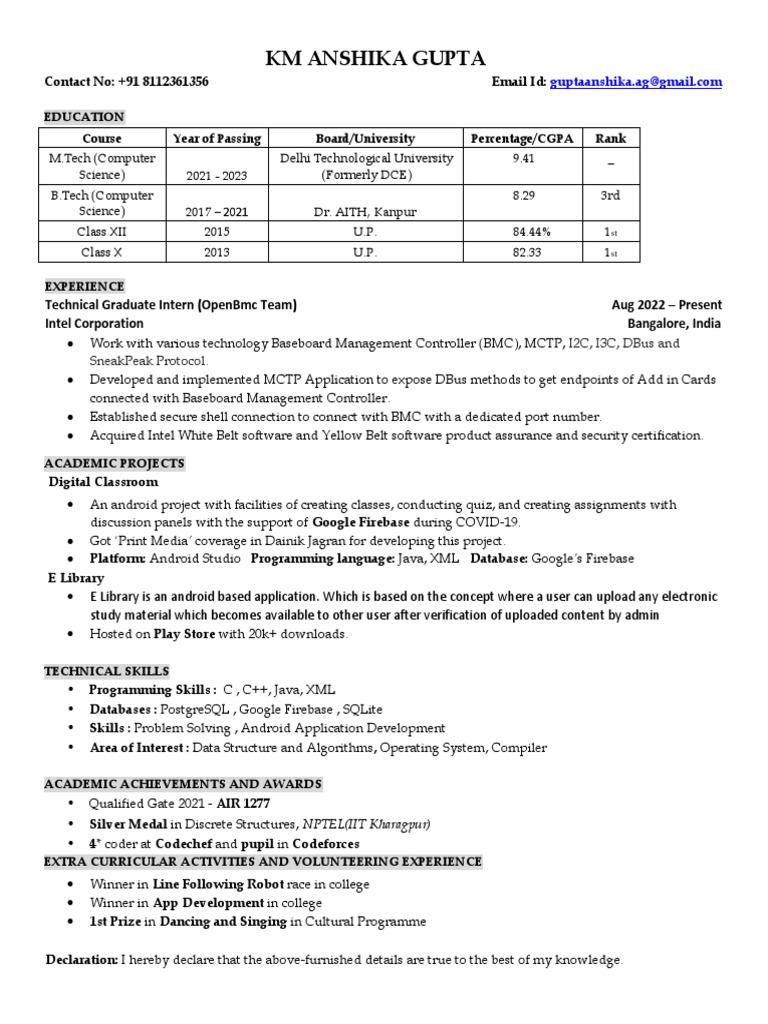 Km Anshika Gupta Resume Pdf 