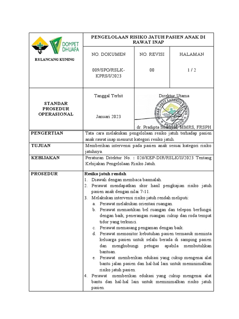 SPO Pengelolaan Pasien Jatuh Anak Di Ranap | PDF