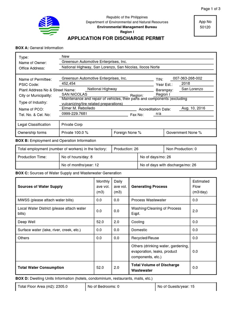 Greensun Automotive Discharge Permit Application | PDF | Sewage ...