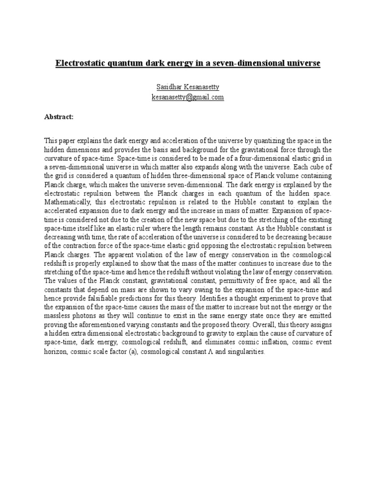 Electrostatic Quantum Dark Energy in A Seven Dimensional Universe | PDF