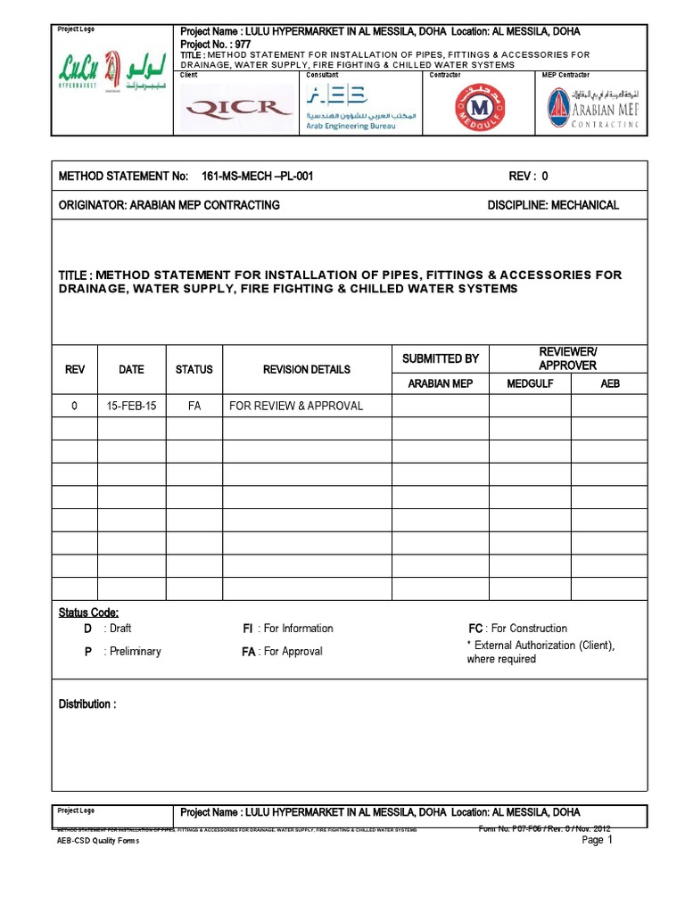 Method Statement RISK ASSESSMENT for Mechanical Piping Compress | PDF ...
