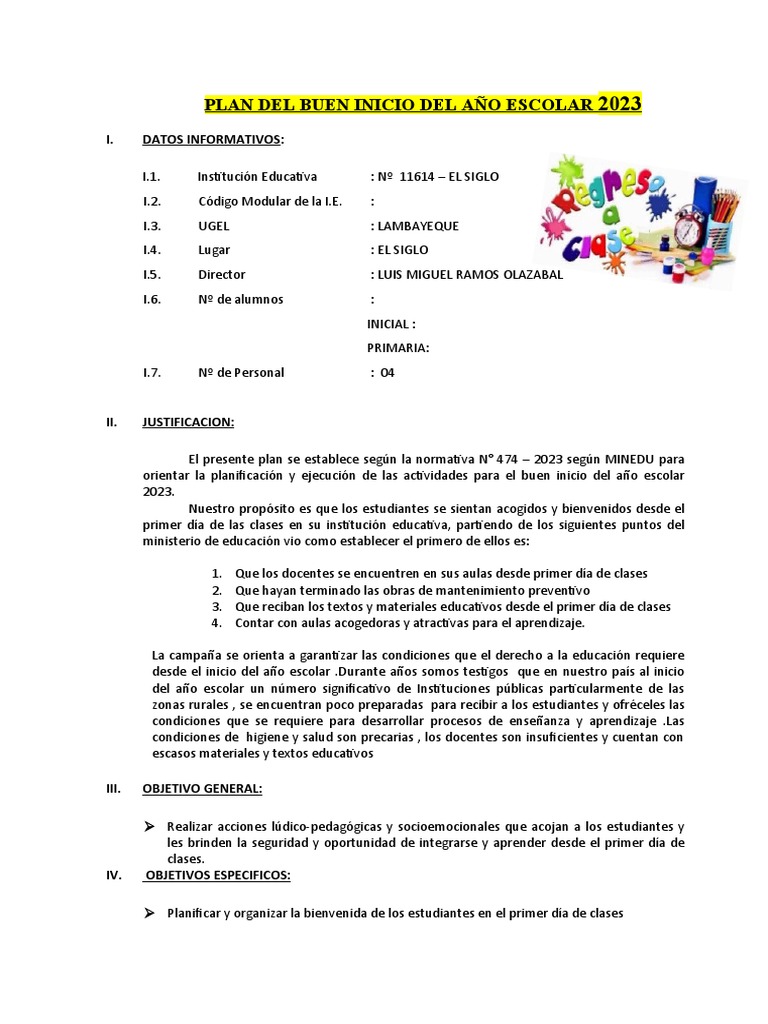 Plan Del Buen Inicio Del Año Escolar I, e 11614 | PDF | Enseñando