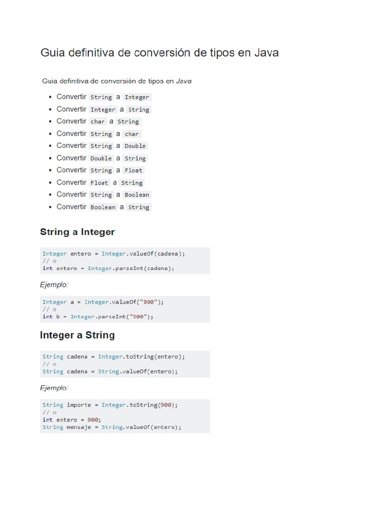 Guia Definitiva de Conversión de Tipos en Java | PDF
